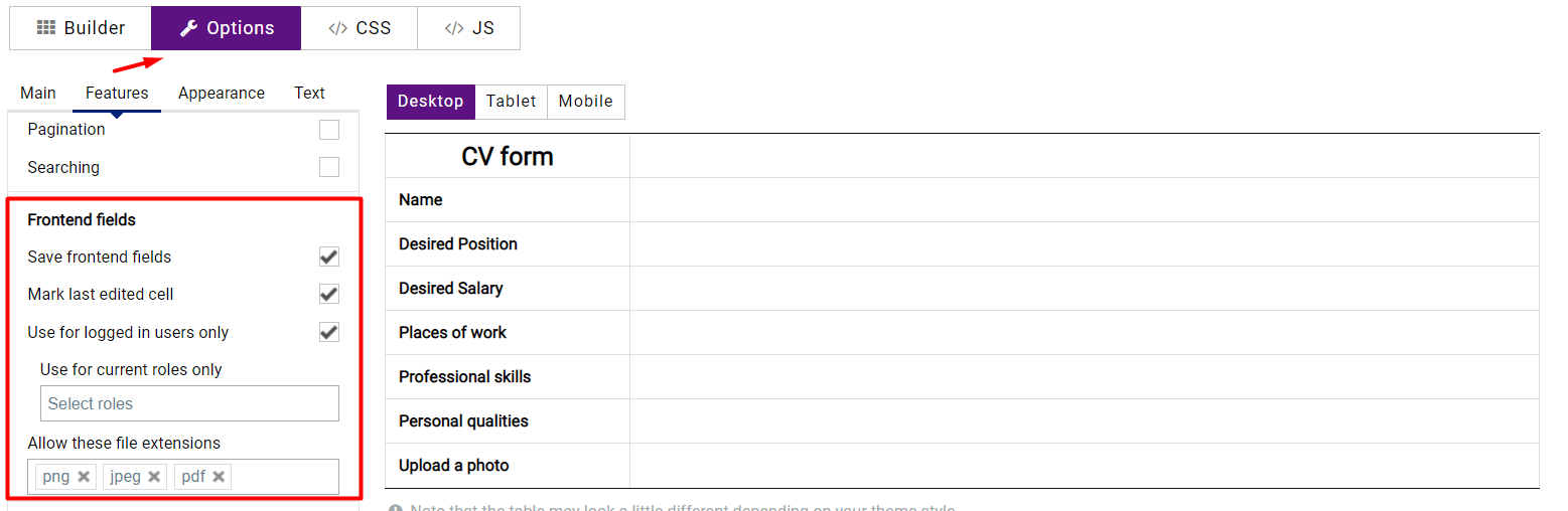 Frontend fields - PubyDoc - Data Tables and Charts WordPress Plugin