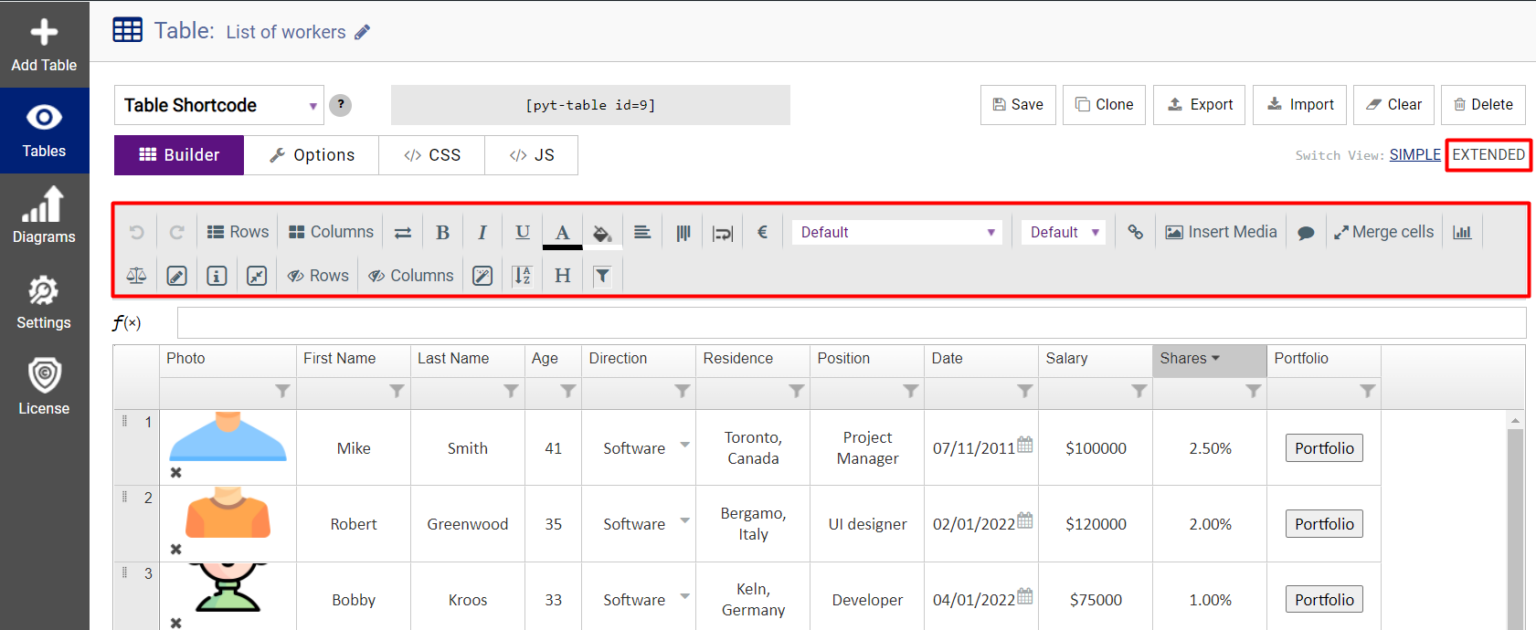 Extended builder - PubyDoc - Data Tables and Charts WordPress Plugin