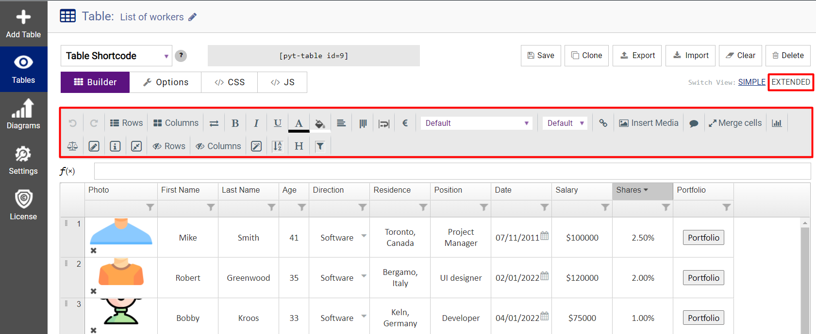 Extended builder - PubyDoc - Data Tables and Charts WordPress Plugin