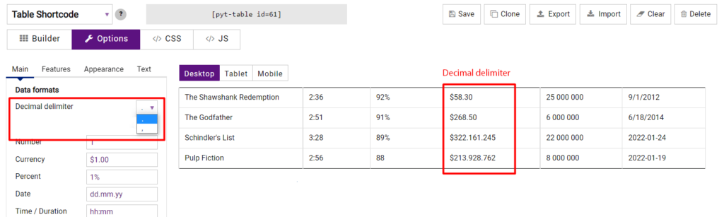 Data Formats Pubydoc Data Tables And Charts Wordpress Plugin 7905