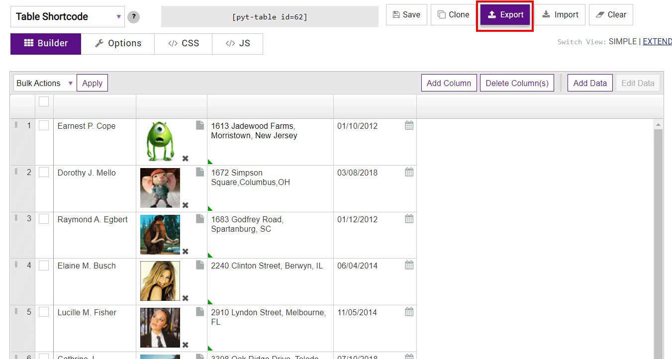 Export Data Table in Excel - PubyDoc - Data Tables and Charts WordPress Plugin